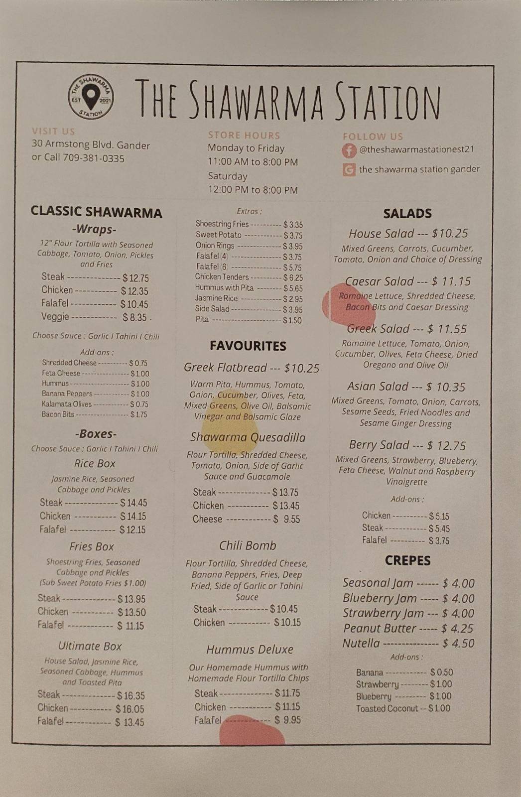 Menu at The Shawarma Station restaurant, Gander