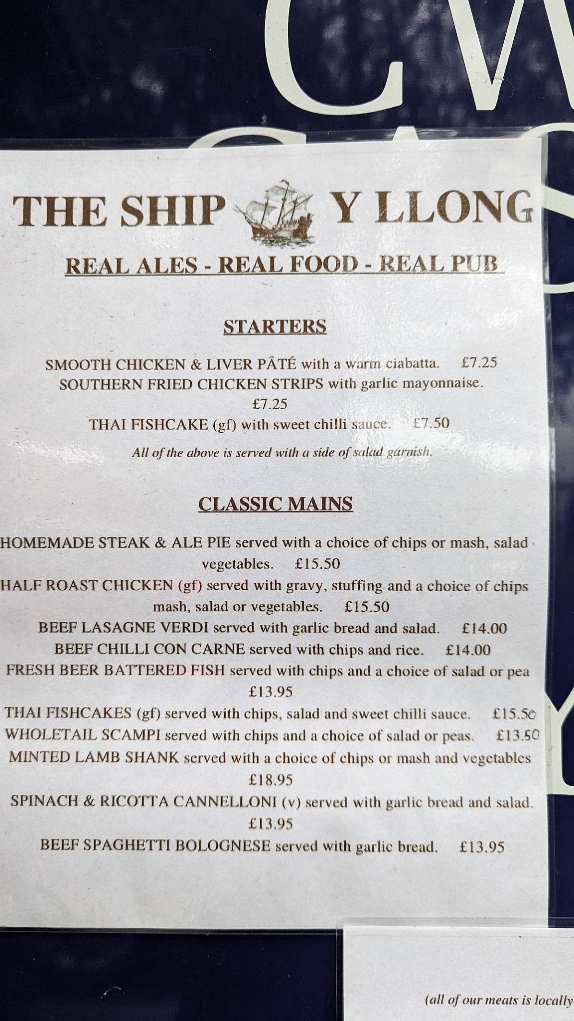 Menu at The Ship Inn/ Y Llong pub & bar, Porthmadog