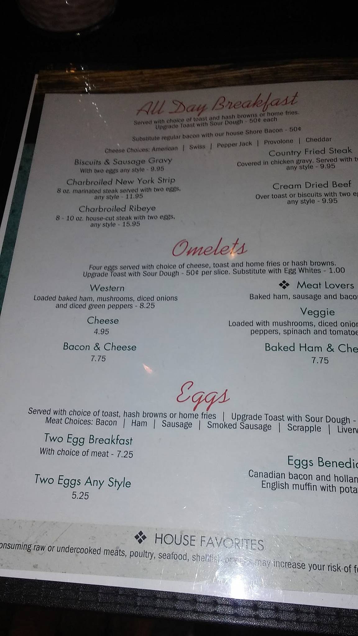 Menu at The Shore Diner restaurant, Jersey Shore