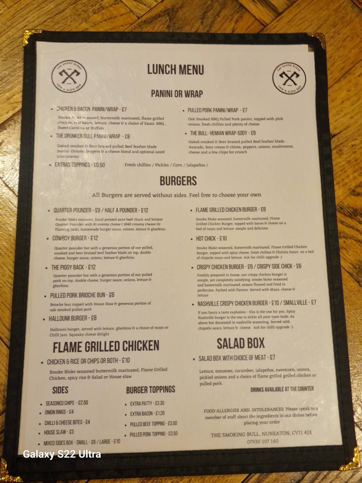 Menu at The Smoking Bull restaurant, Nuneaton