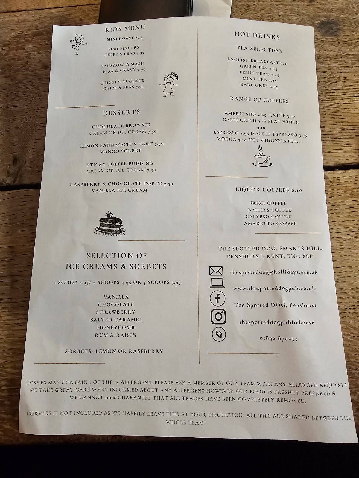 Menu at The Spotted Dog pub & bar, Penshurst, Smarts Hill