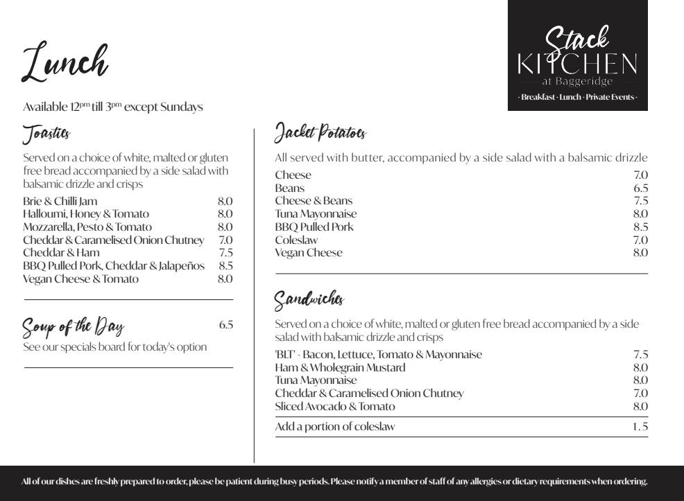 Menu at Stack Kitchen at Baggeridge cafe, Dudley
