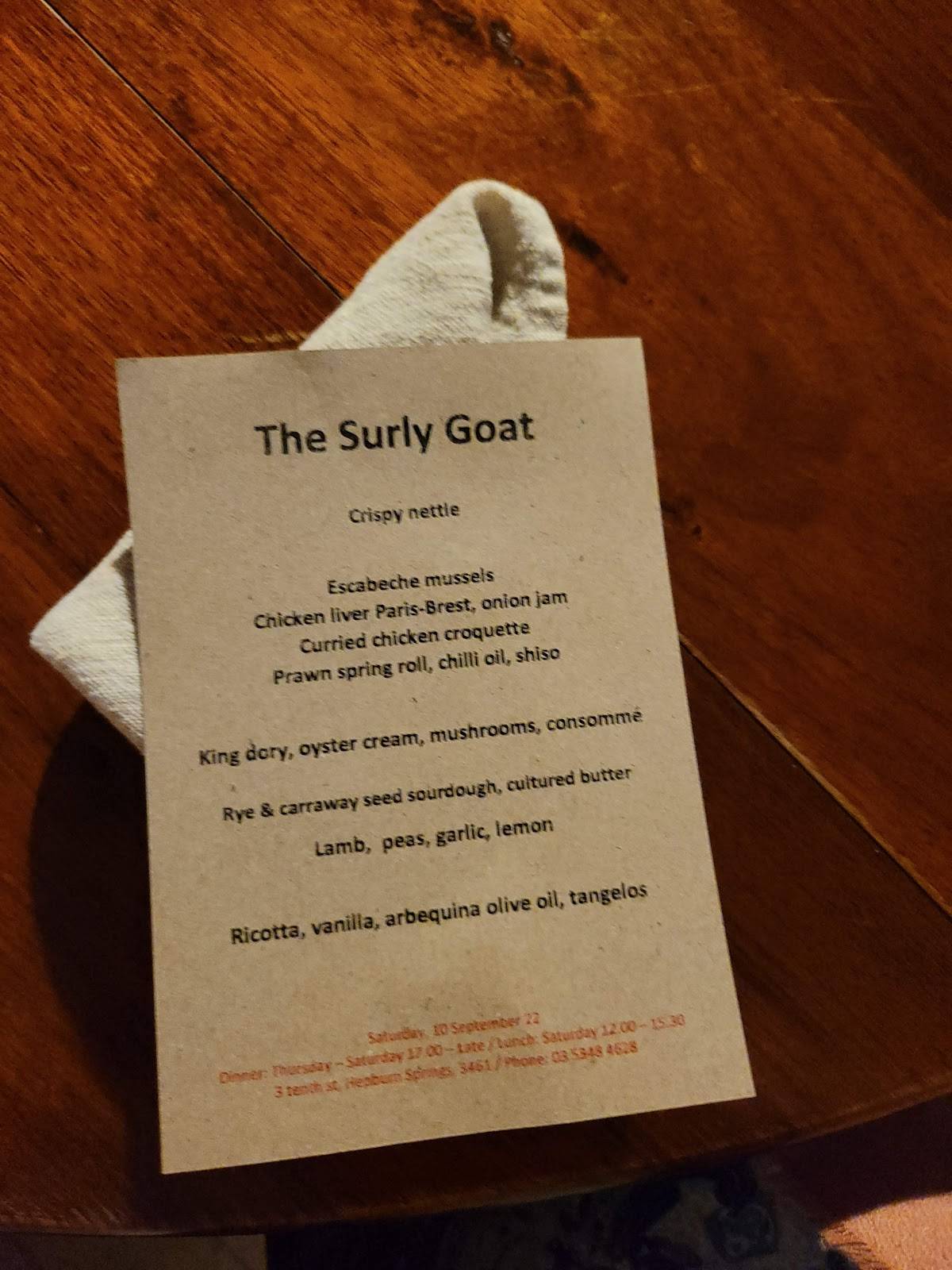 Menu at The Surly Goat restaurant, Hepburn Springs