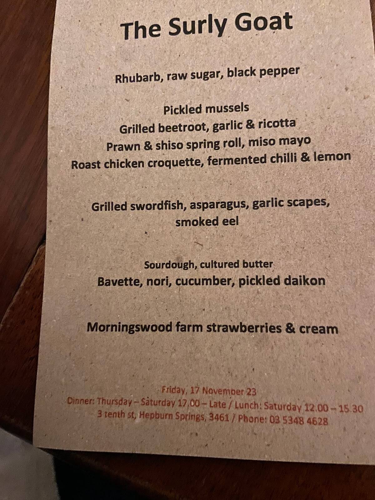Menu at The Surly Goat restaurant, Hepburn Springs