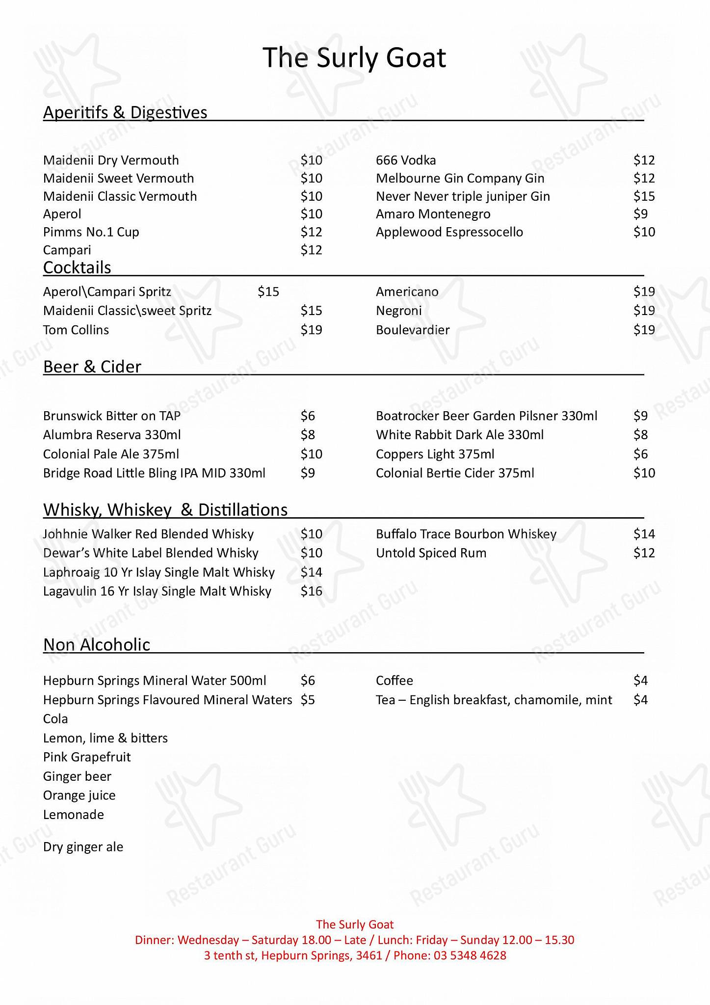 Menu at The Surly Goat restaurant, Hepburn Springs