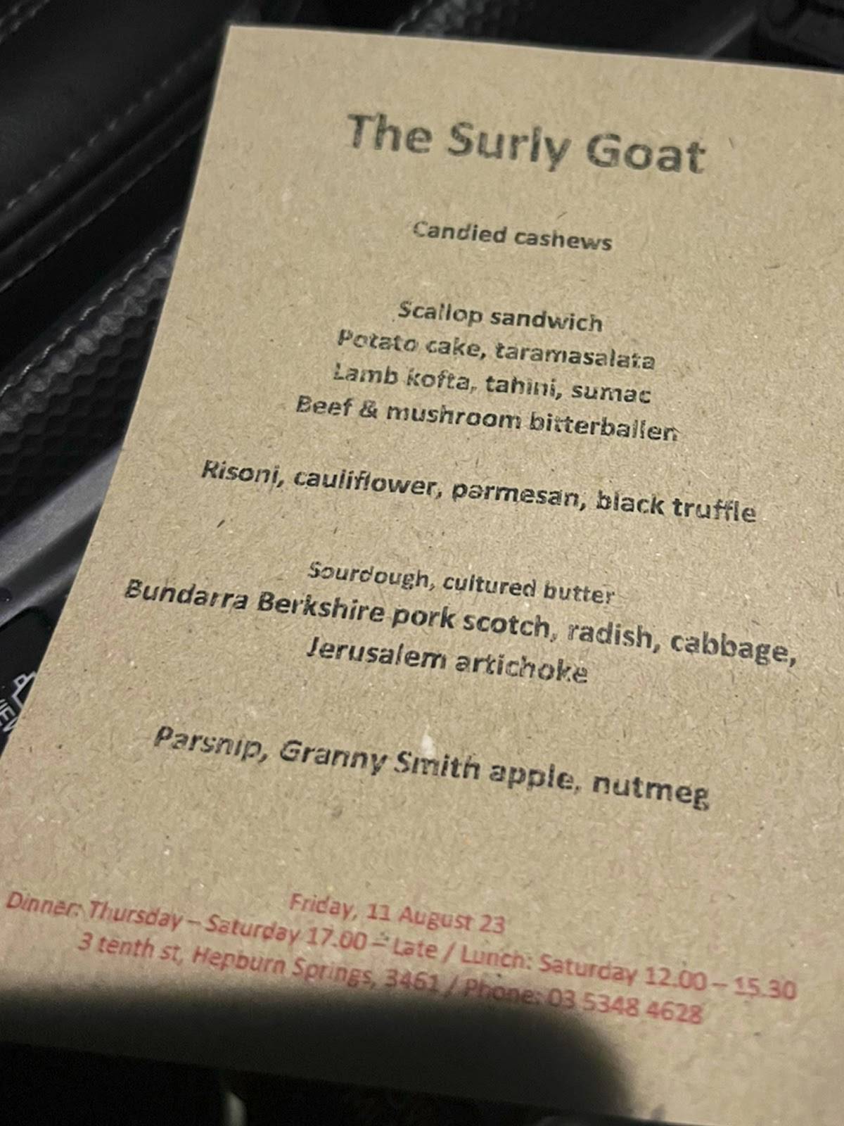 Menu at The Surly Goat restaurant, Hepburn Springs