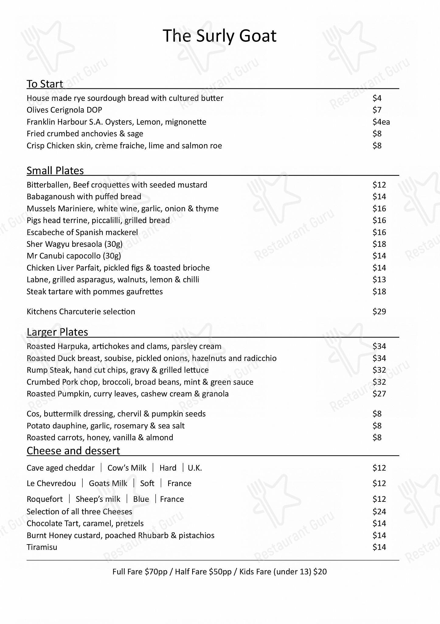 Menu at The Surly Goat restaurant, Hepburn Springs