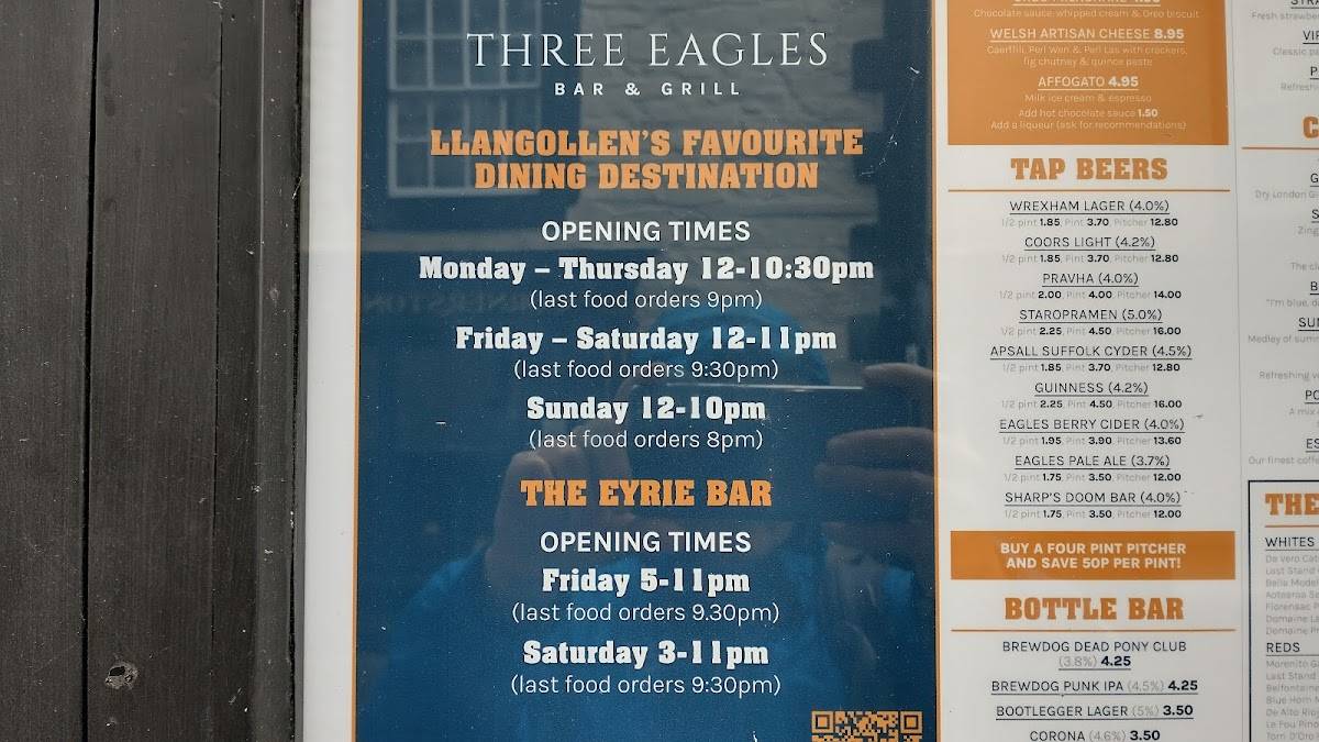 Menu at The Three Eagles pub & bar, Llangollen
