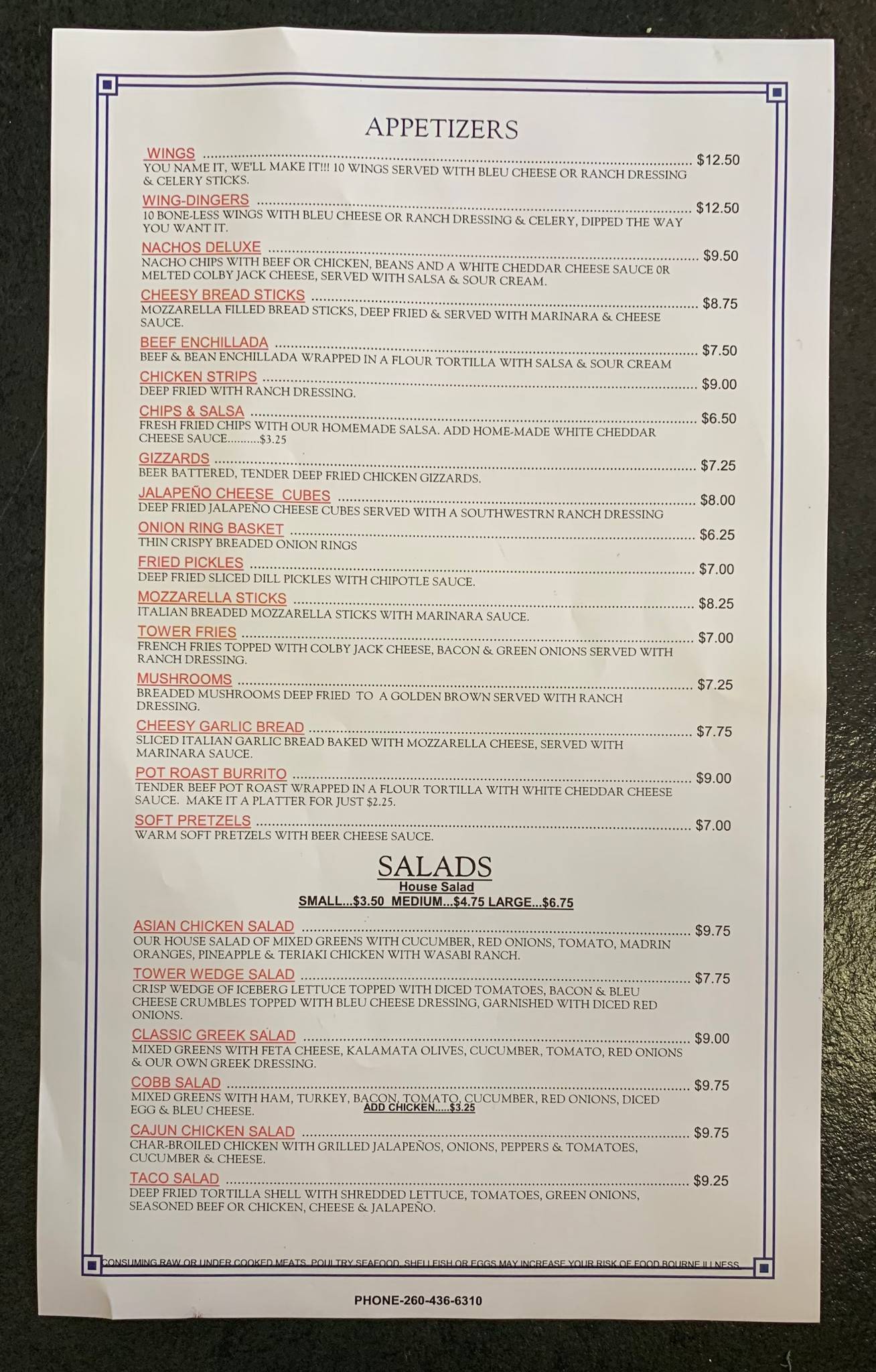 Menu at The Tower Bar & Grill, Fort Wayne