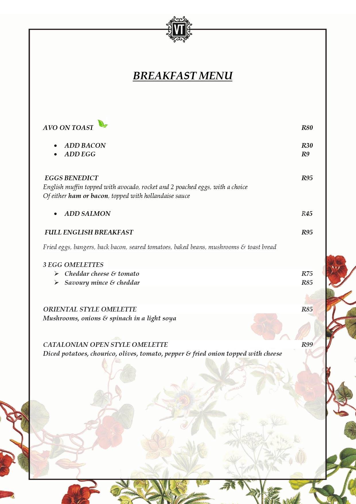 Menu at The Village Table restaurant, Durban