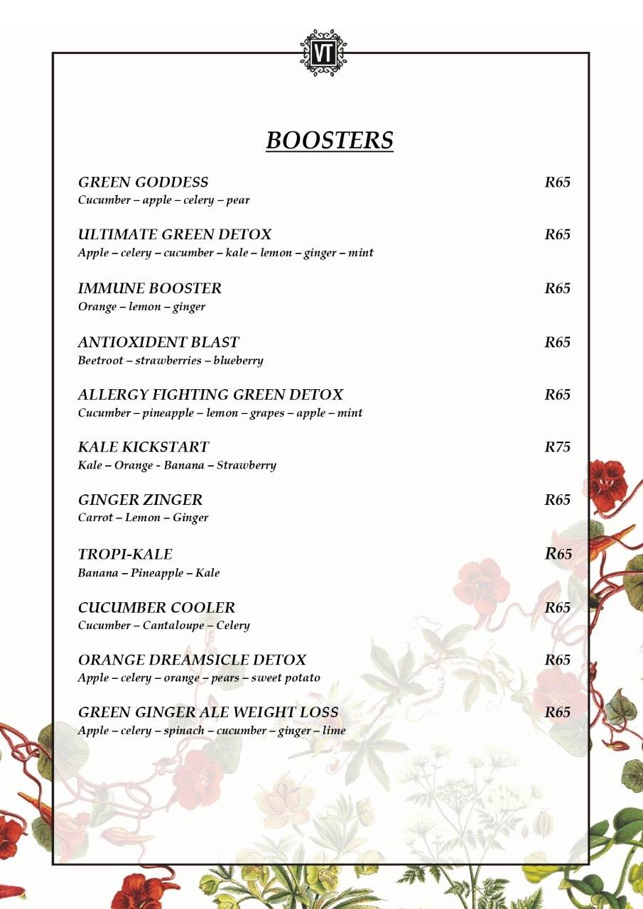 Menu at The Village Table restaurant, Durban