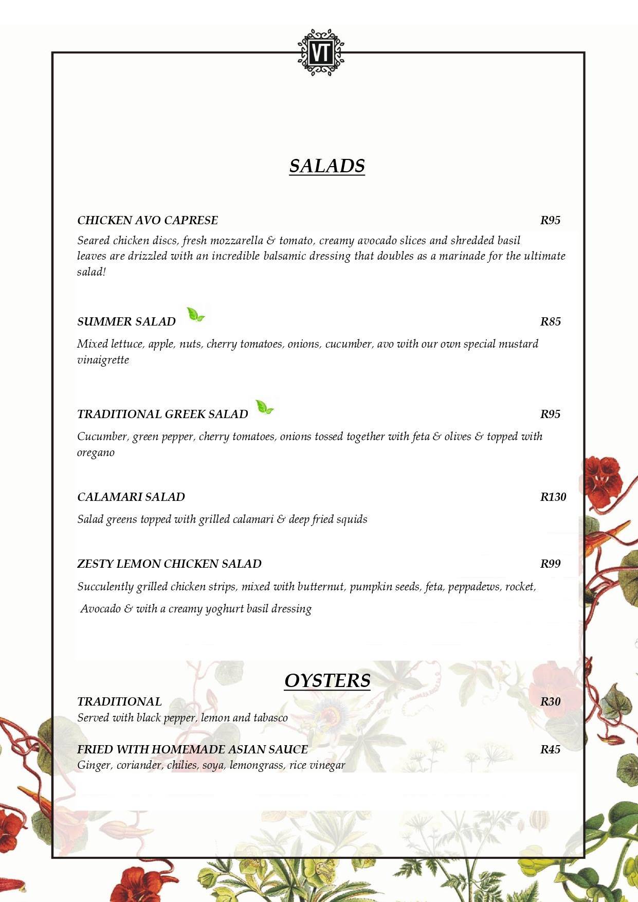 Menu at The Village Table restaurant, Durban