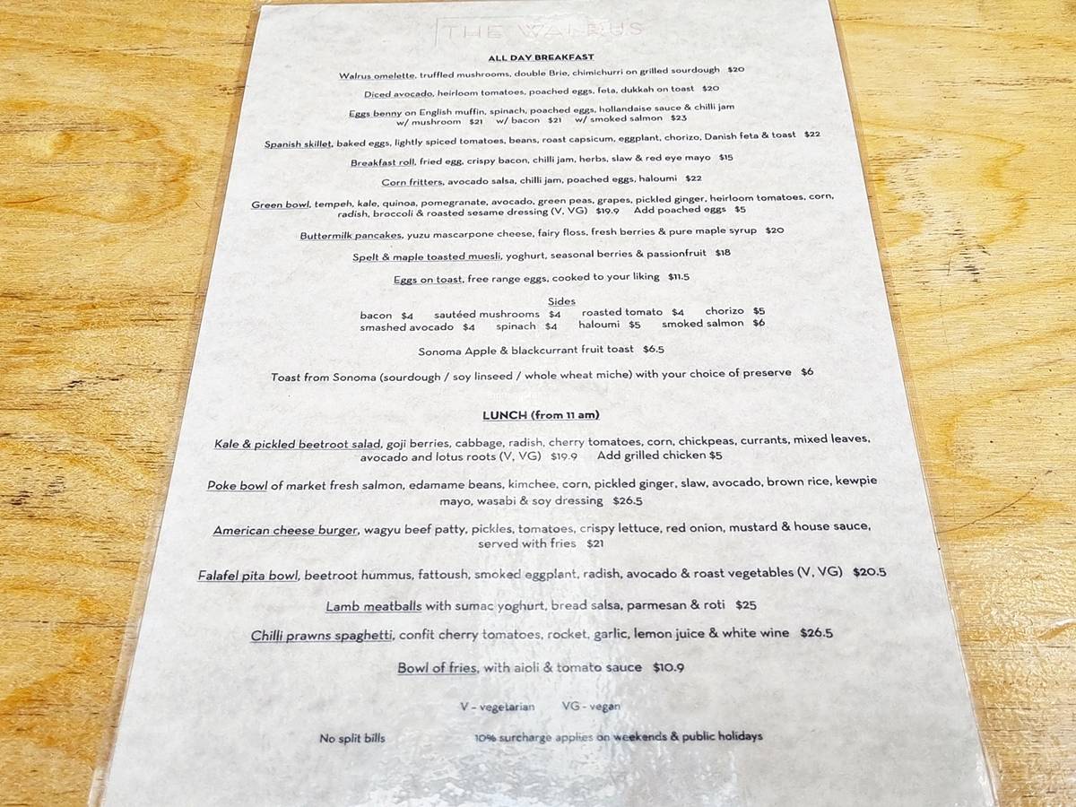 Menu at The Walrus Sydney CBD cafe, Sydney