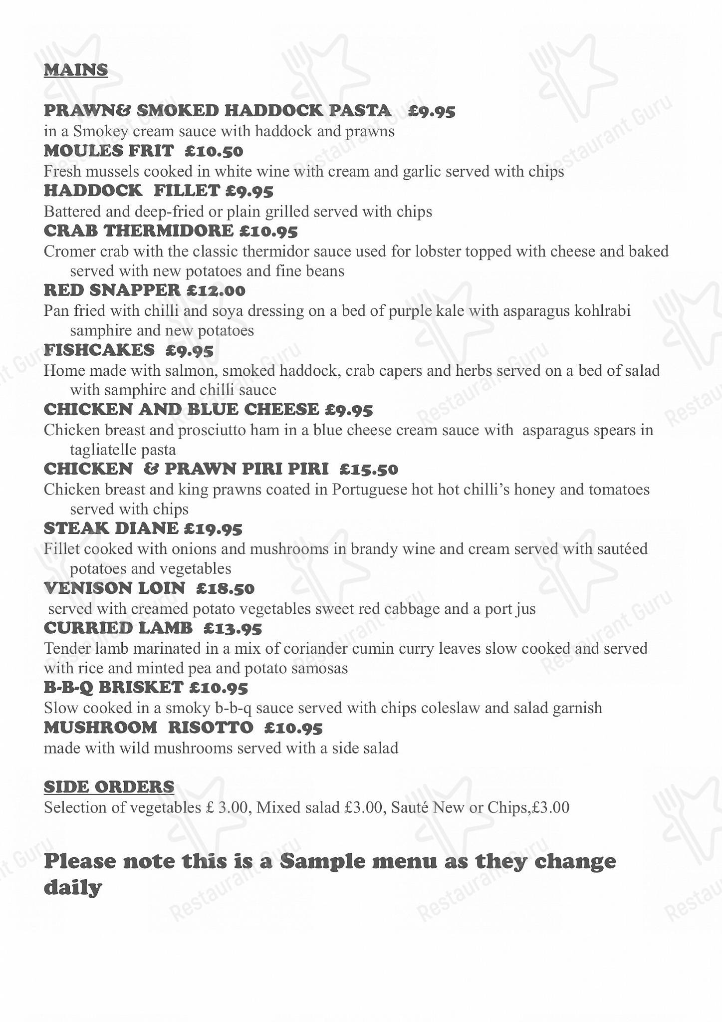 Menu at The Waterfront restaurant, Lowestoft