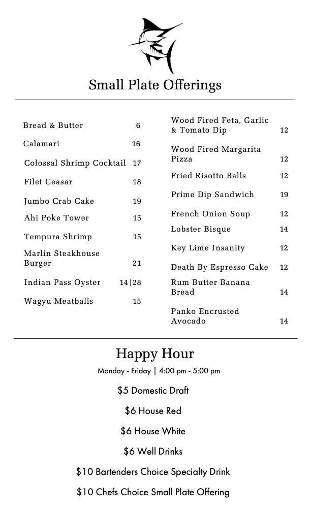Menu at The White Marlin and Oysterette steakhouse, Port Saint Joe