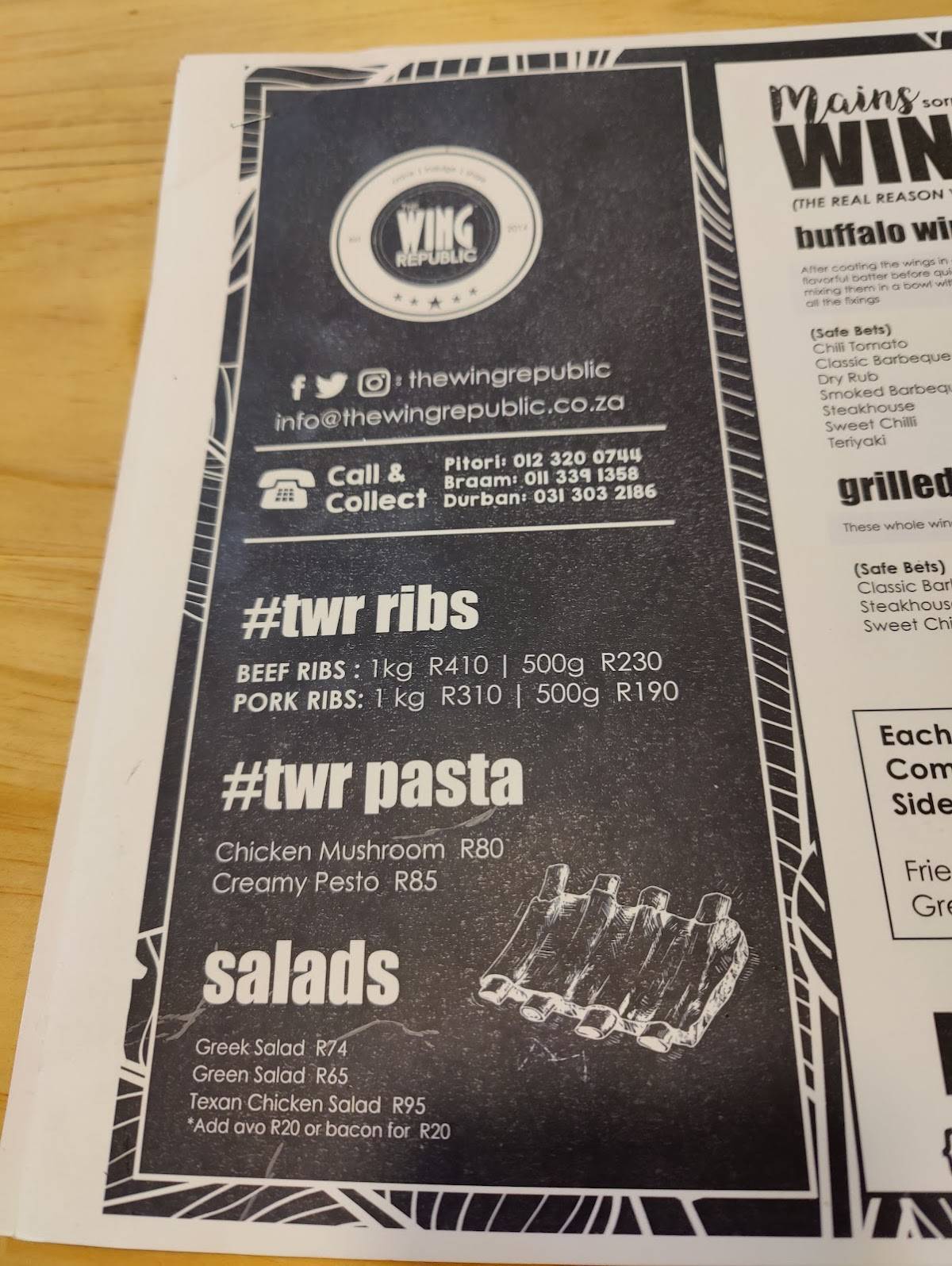 Menu at The Wing Republic - Pretoria, Pretoria