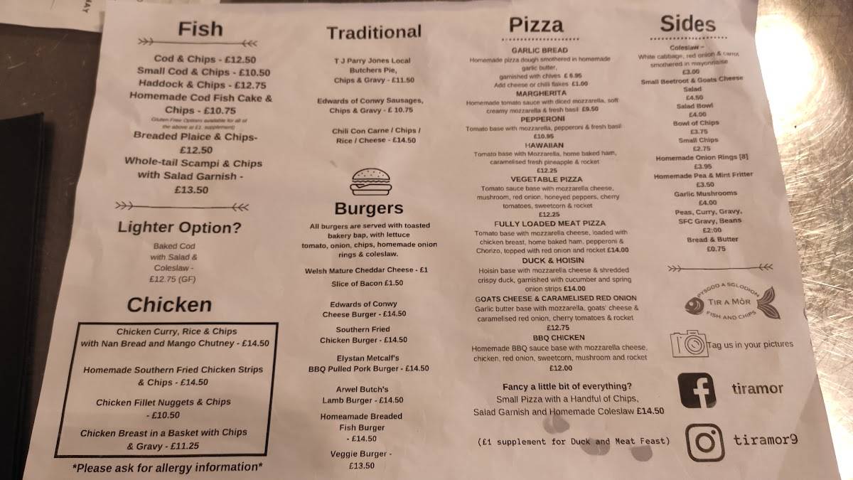 Menu at Tir A Môr fast food, Llanrwst