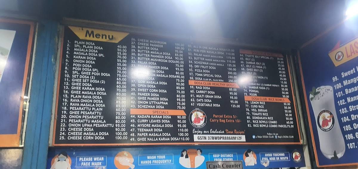 Menu at Raju's Dosa Club, Tirupati