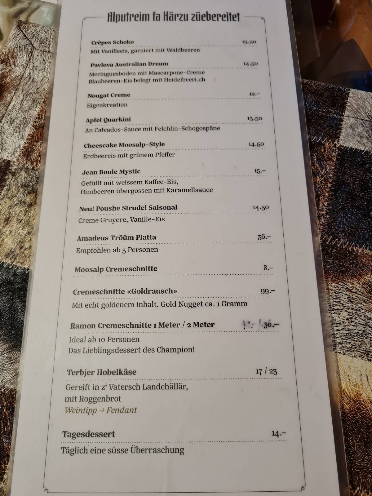 Speisekarte von Restaurant Moosalp, Törbel