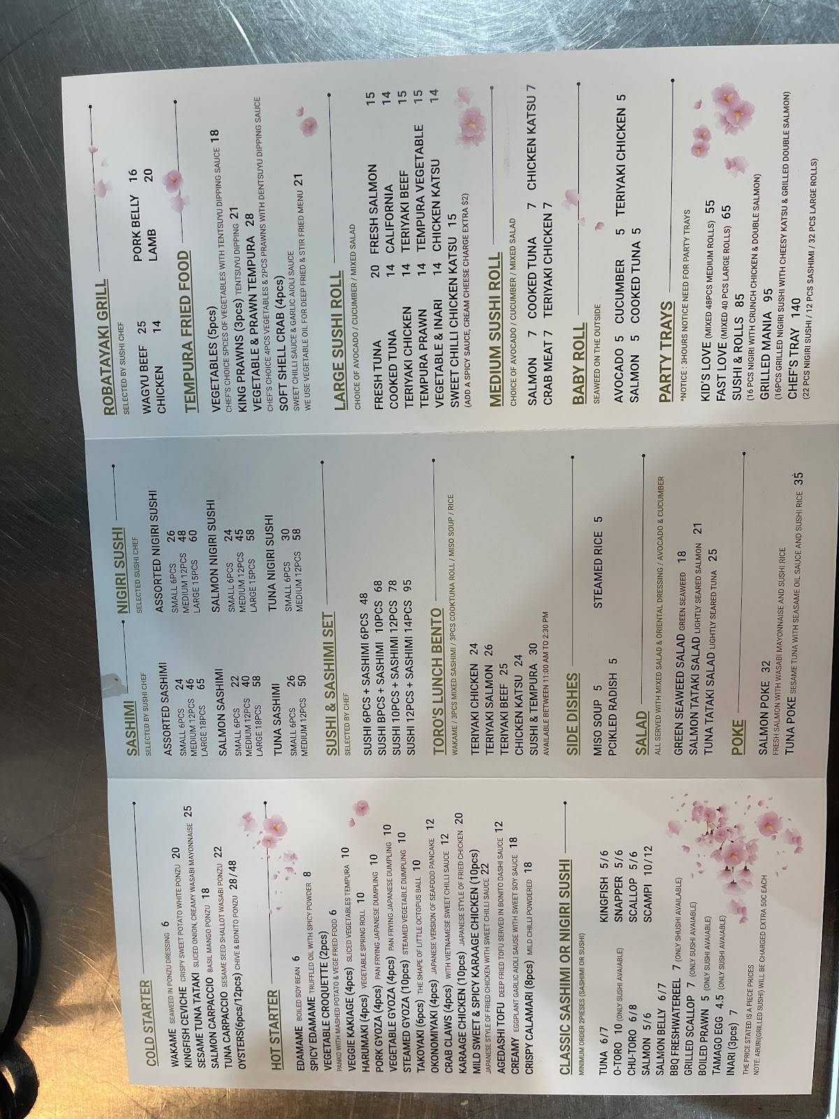 Menu at Toro Robata Sushi restaurant, Wollongong