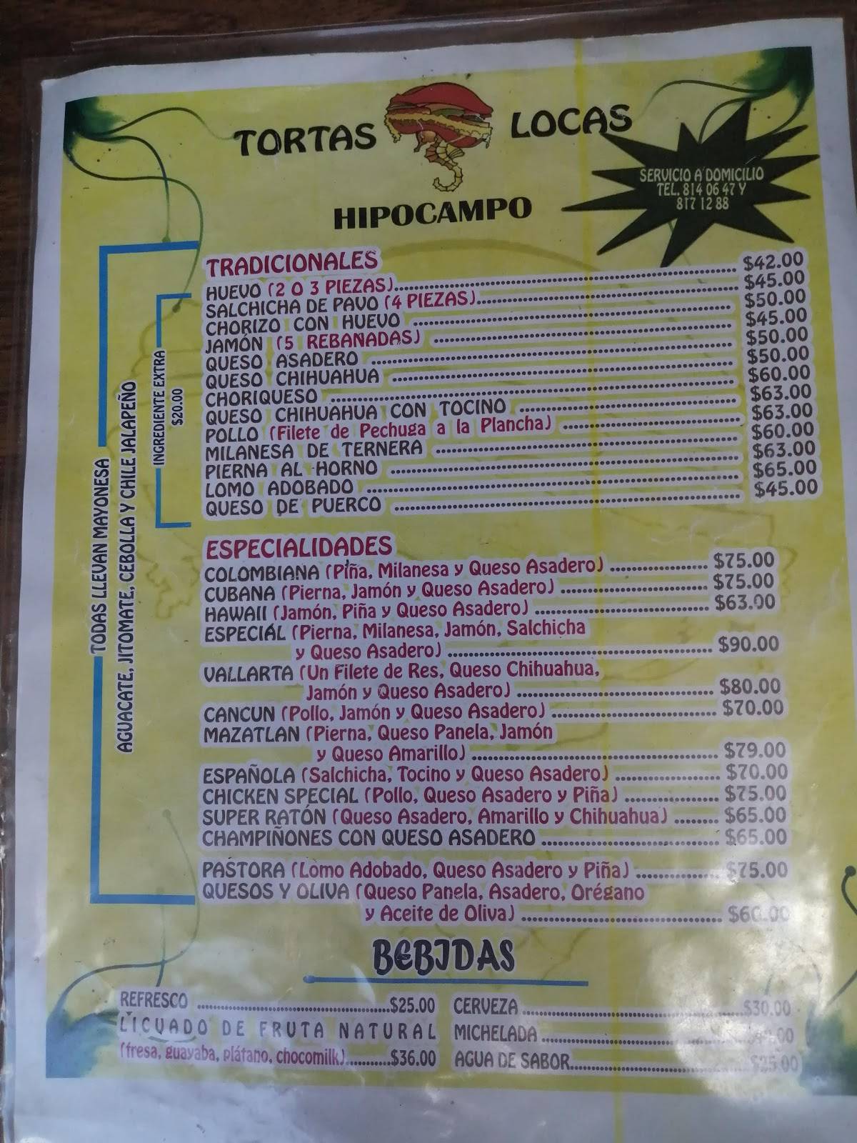 Menu at Tortas Locas Hipocampo restaurant, San Luis Potosi, Av ...