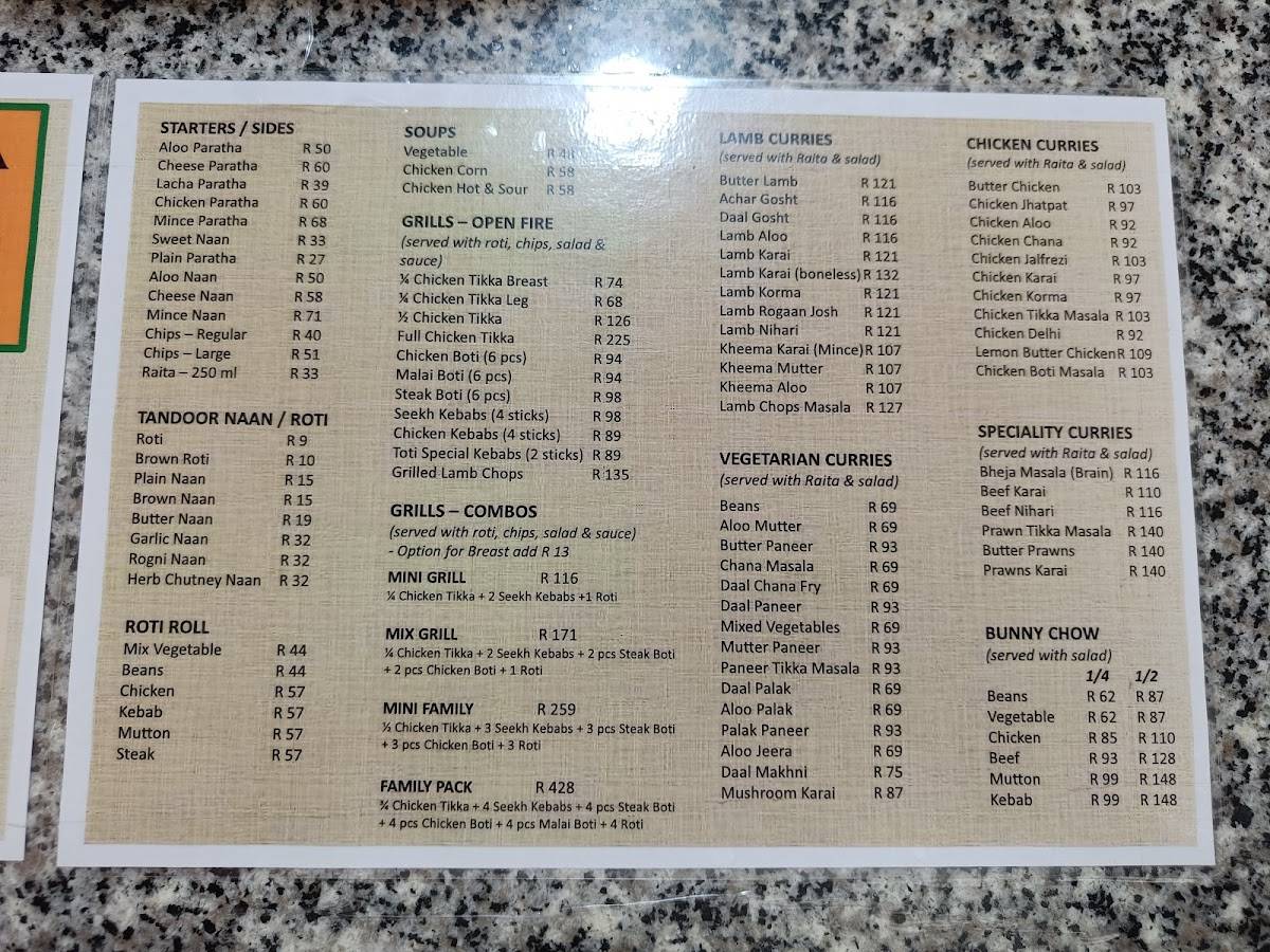 Menu at Toti Tikka Amanzimtoti restaurant, Umlazi