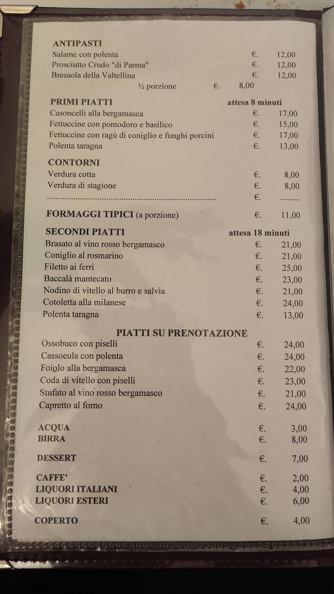 Menu at Trattoria Del Teatro restaurant, Bergamo, P.za Lorenzo Mascheroni
