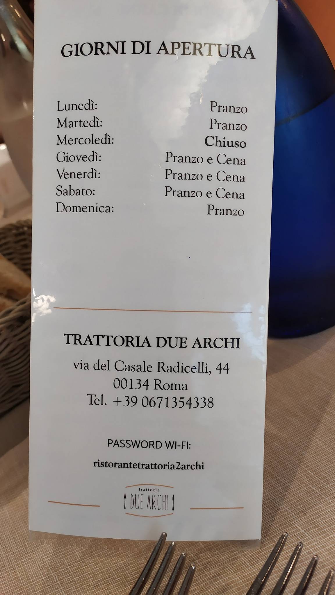 Menu da Trattoria Due Archi ristorante, Roma, Via del Casale Radicelli