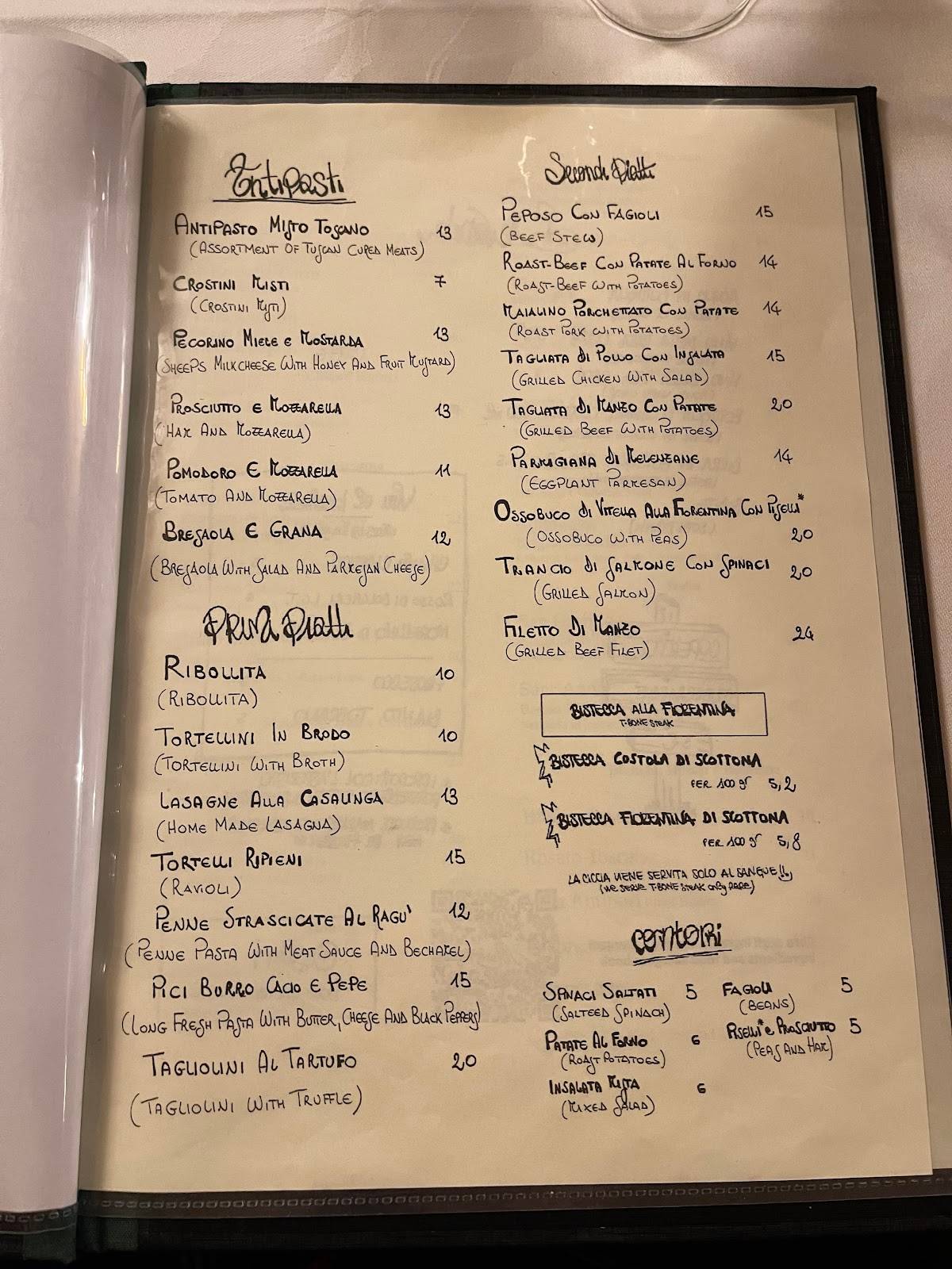 Menu at Trattoria Marione restaurant, Florence