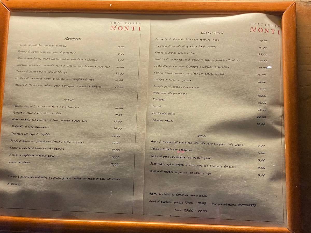 Menu at Trattoria Monti restaurant, Rome, Via di S. Vito