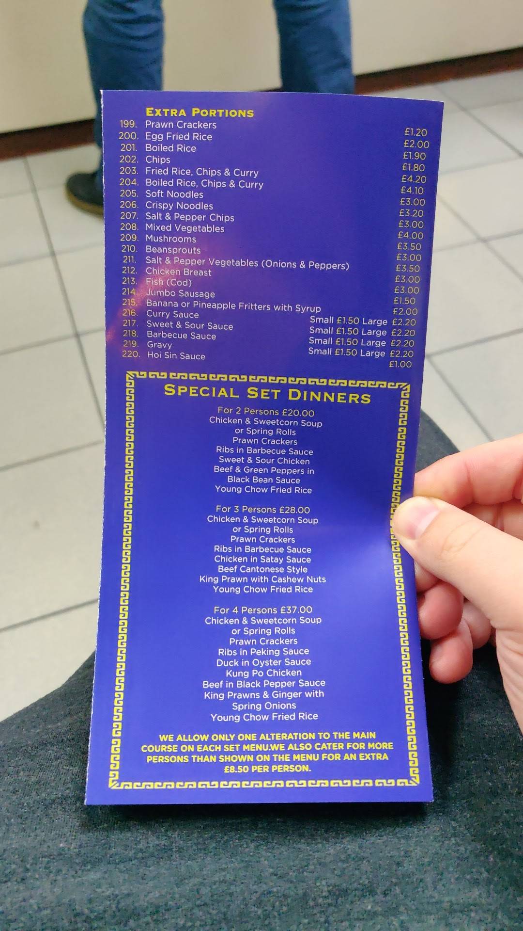 Menu at Treasure City fast food, Manchester