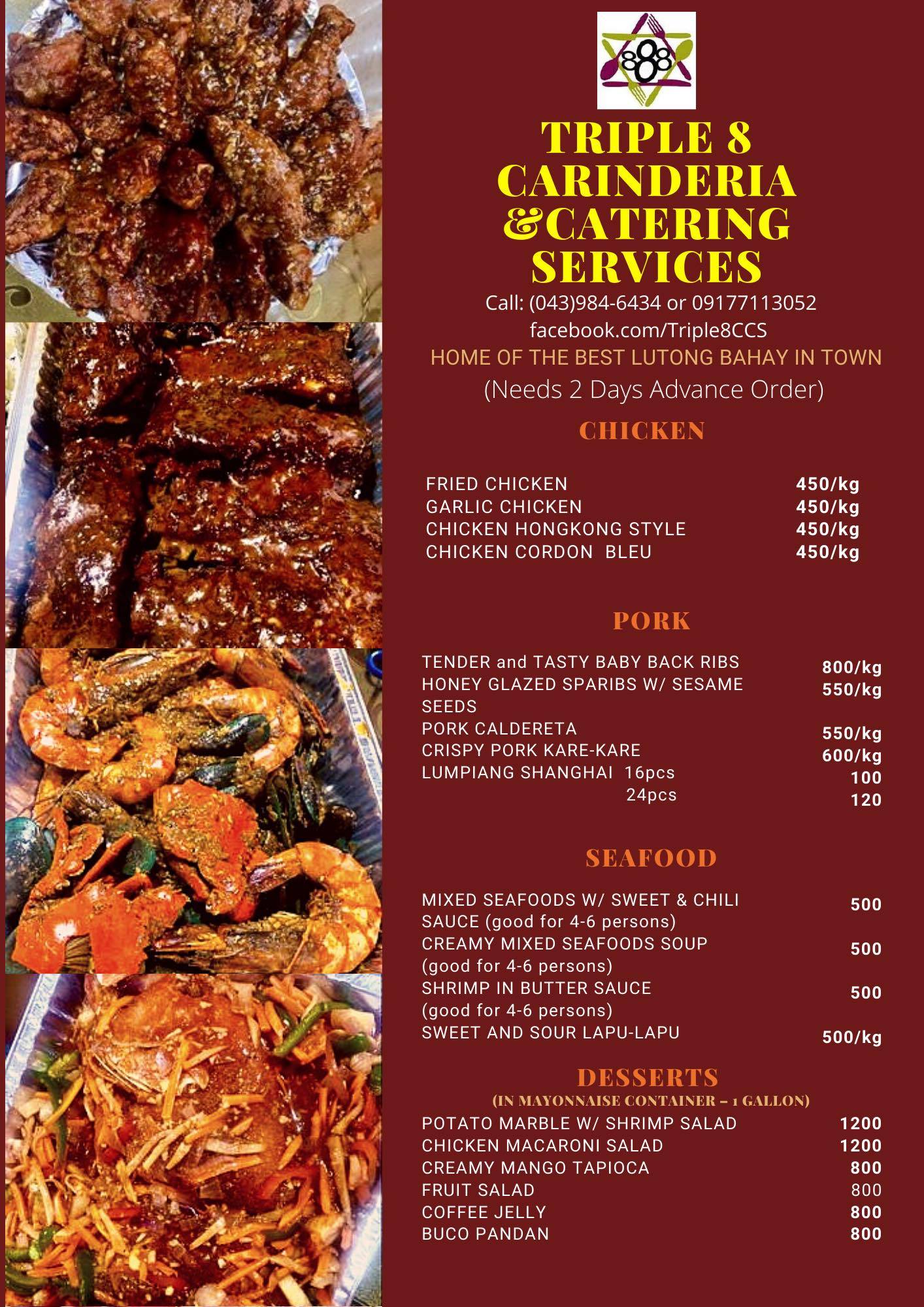 Menu at Triple 8 Carinderia & Catering Services restaurant, Batangas