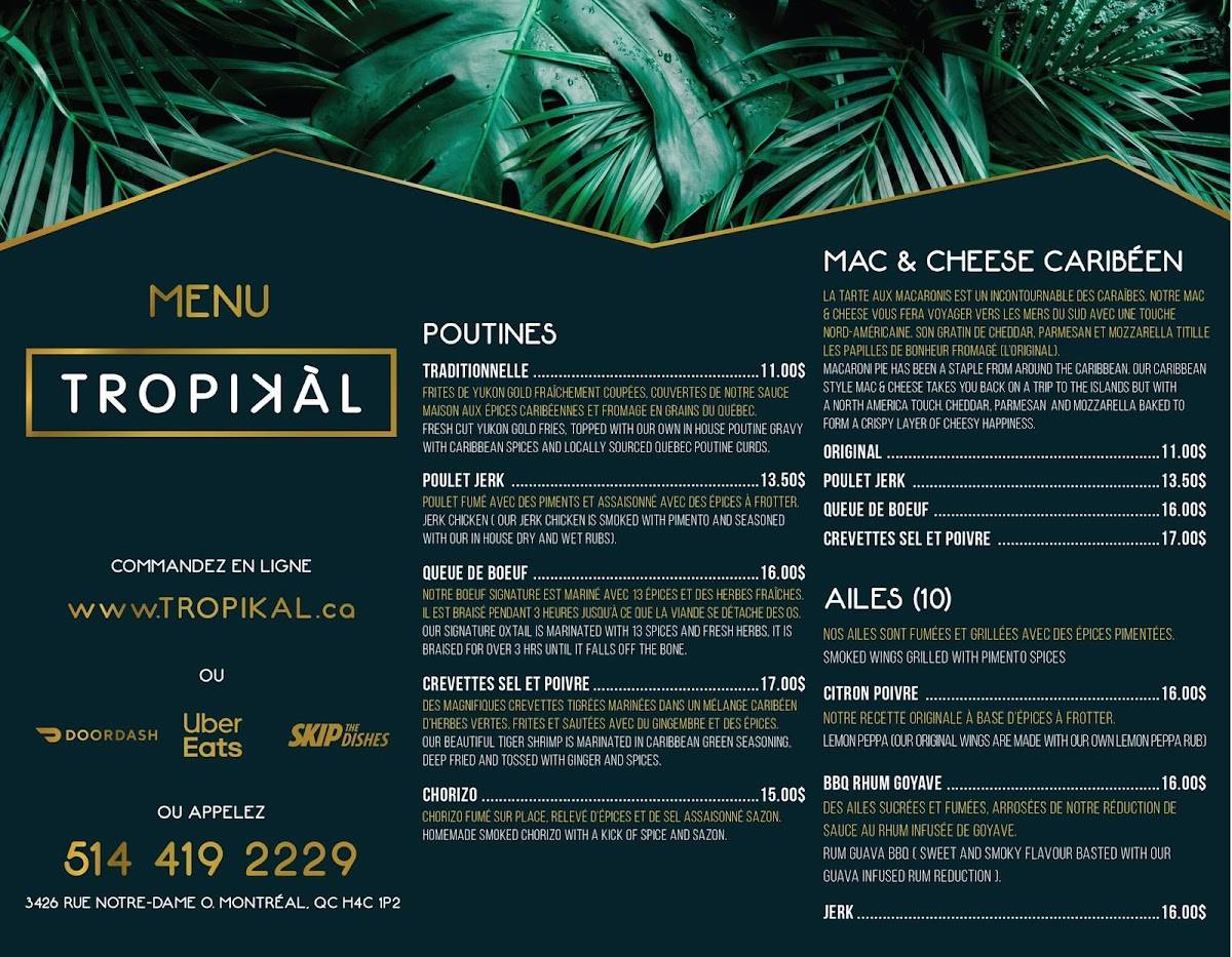 Menu at Tropikàl restaurant, Montréal