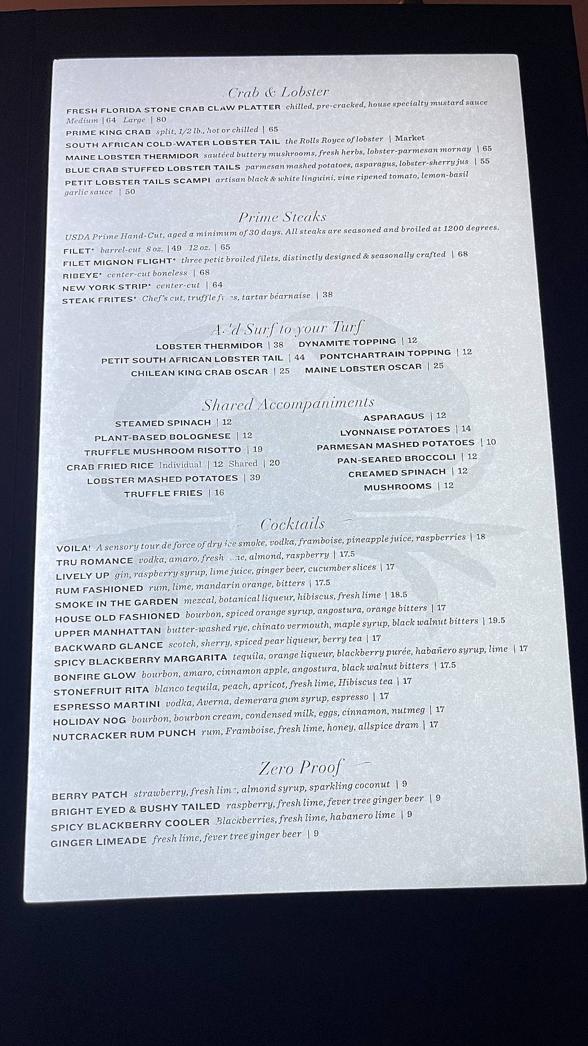 Menu at Truluck's Ocean's Finest Seafood and Crab steakhouse, Houston