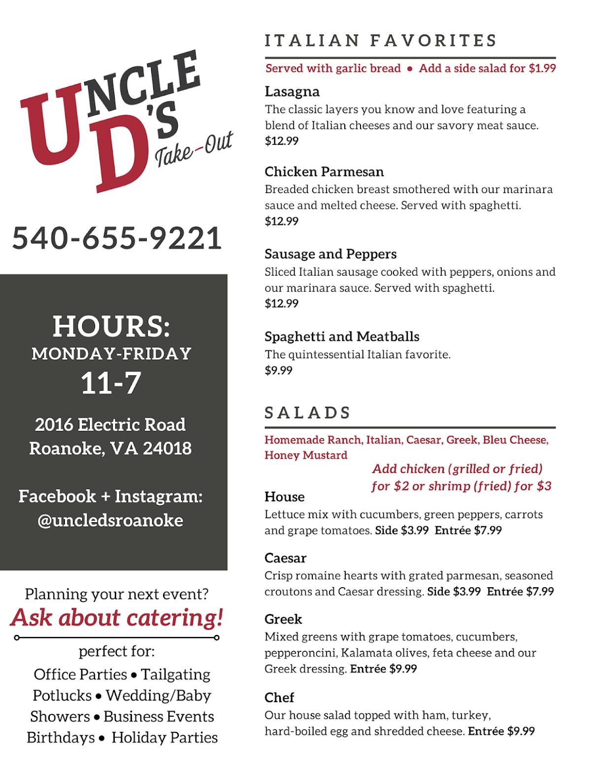 Menu at Uncle D's Take-Out restaurant, Roanoke