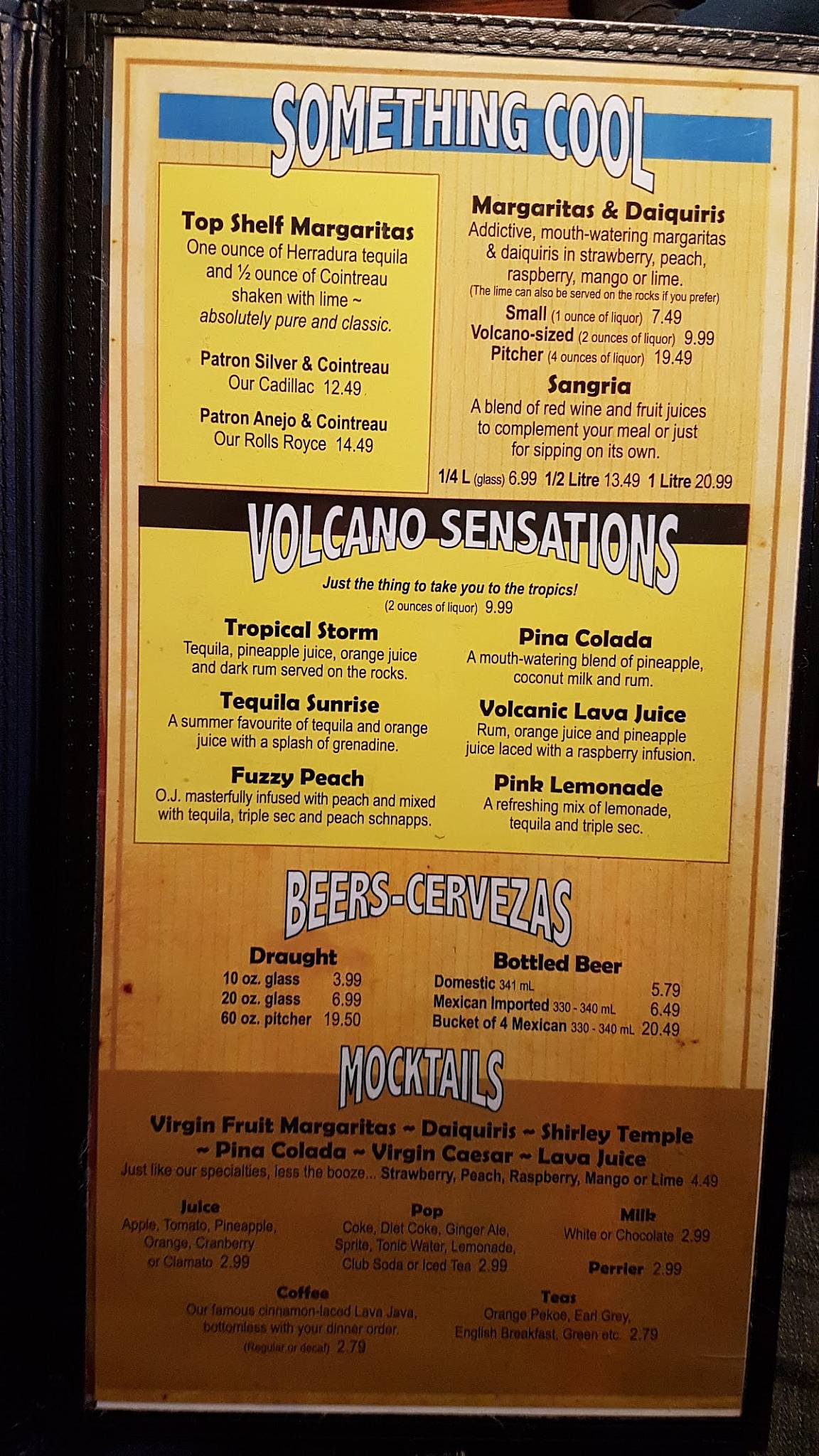 Menu at Under The Volcano restaurant, London