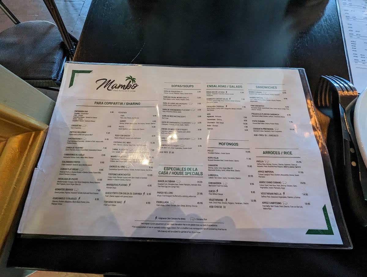 Menu at Mambo Cuban Restaurant & Lounge, Union