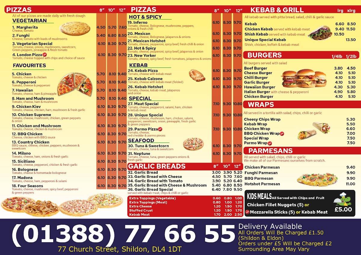 Menu at Unique Pizza pizzeria, Shildon