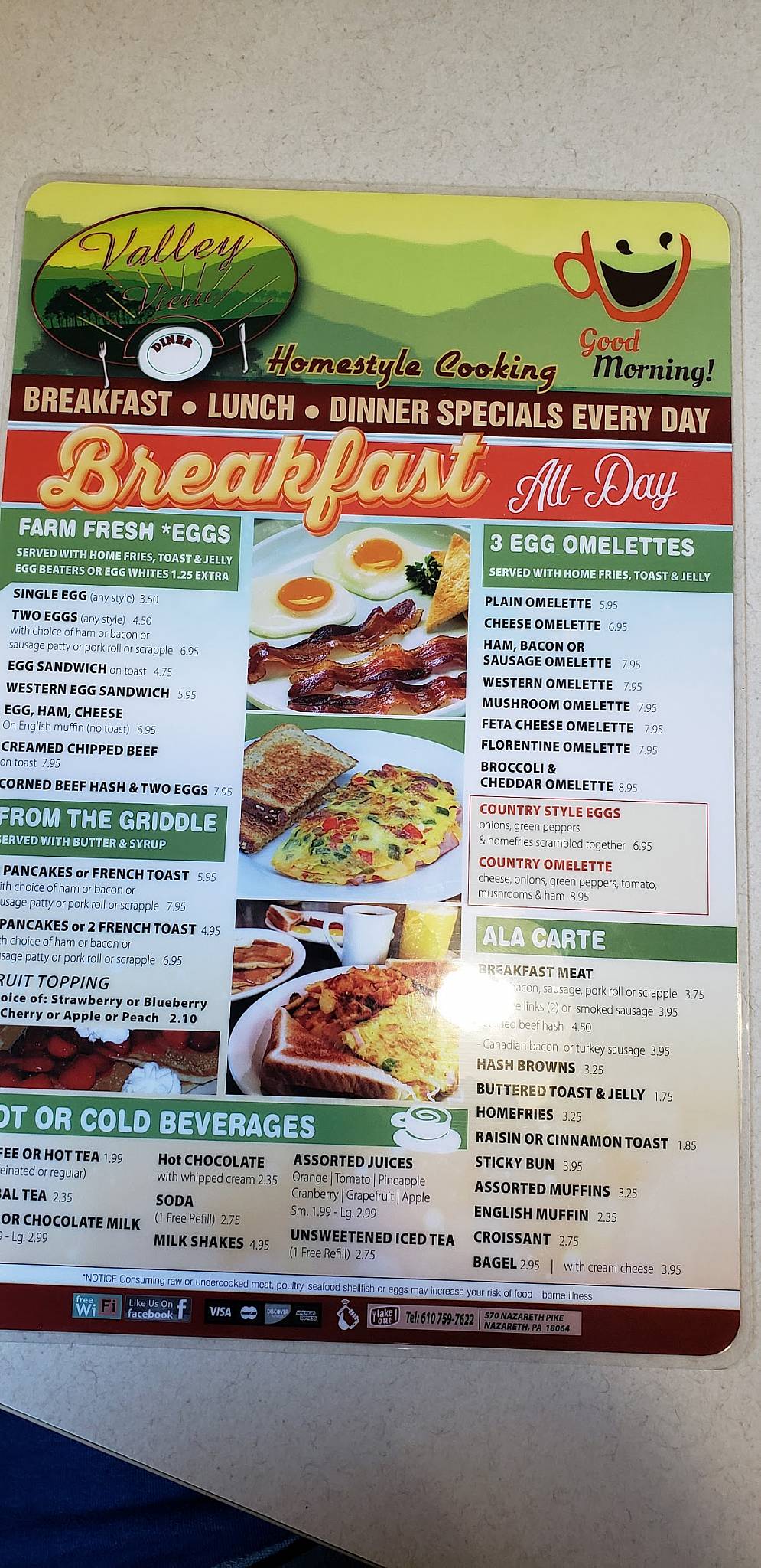 Menu at Valley View Diner restaurant, Nazareth
