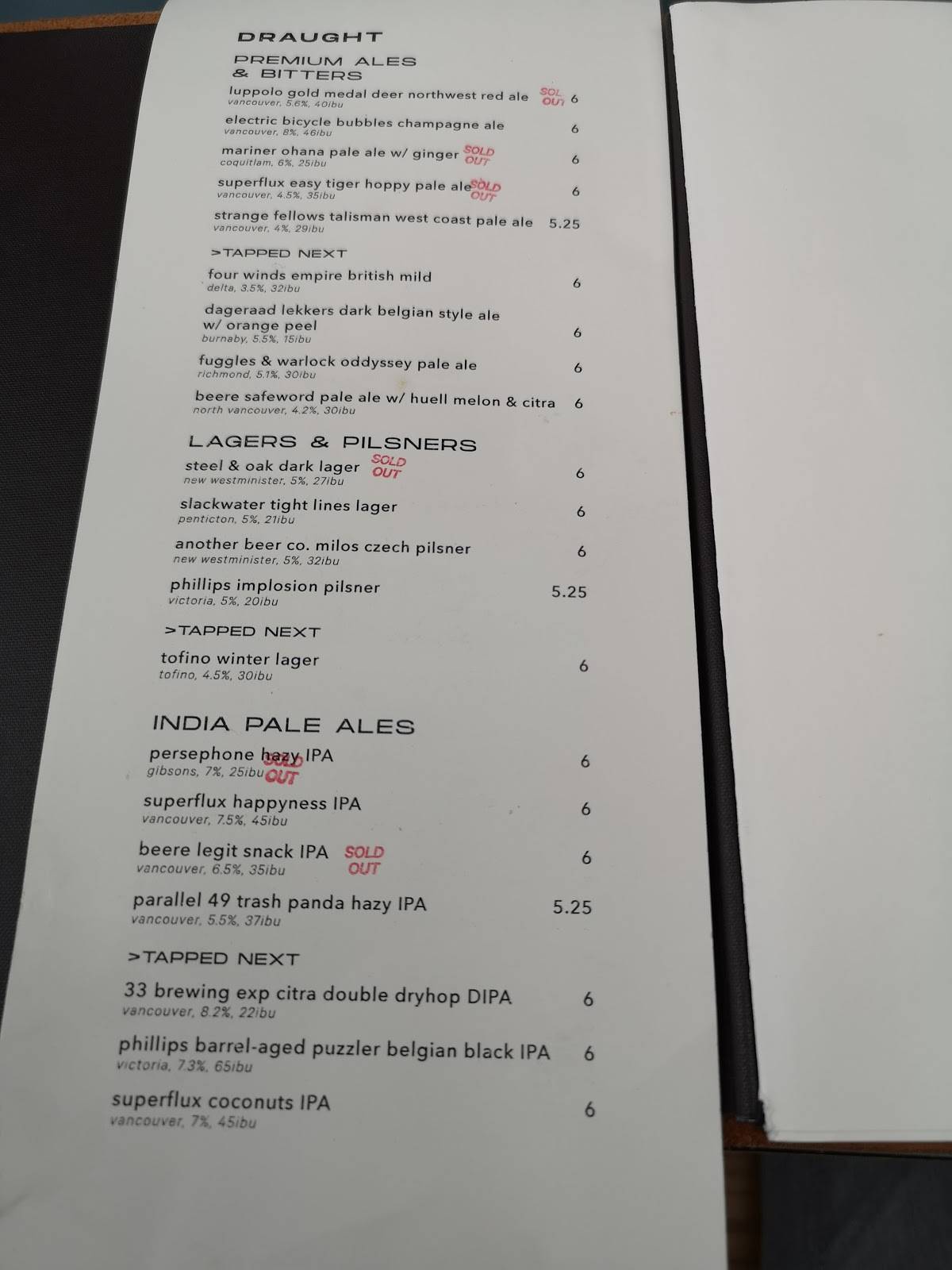 Menu at Sing Sing pub & bar, Vancouver, Main St