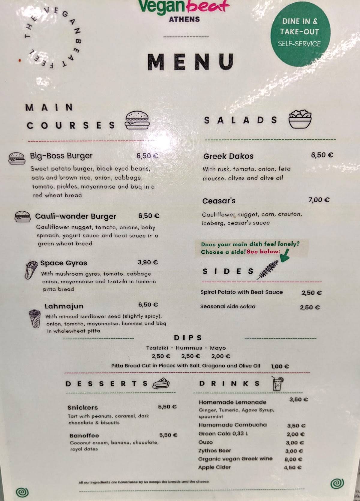 Menu at Vegan Beat Athens, Athens, Perikleous 56