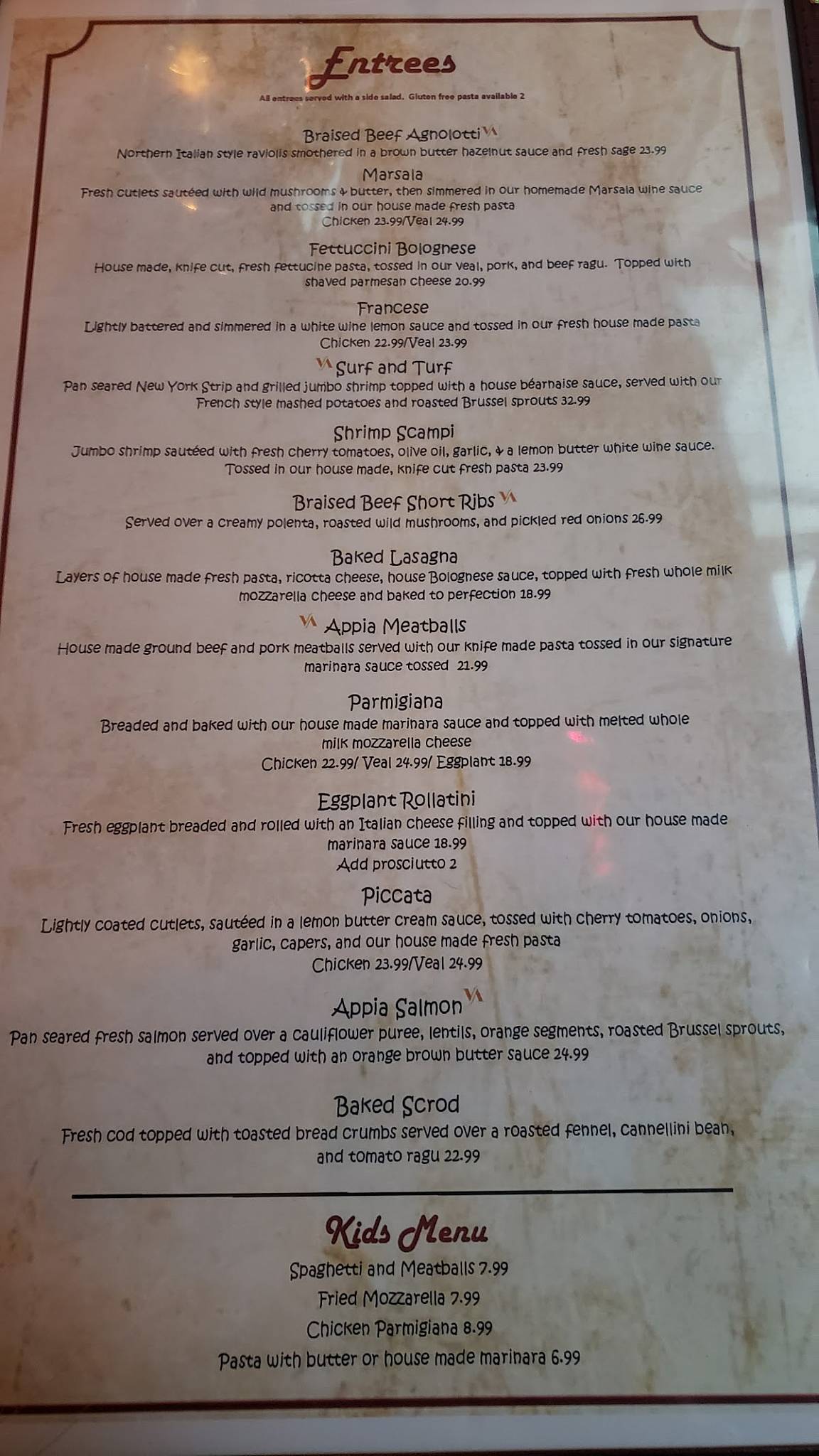 Menu at Via Appia Ristorante restaurant, Wilbraham
