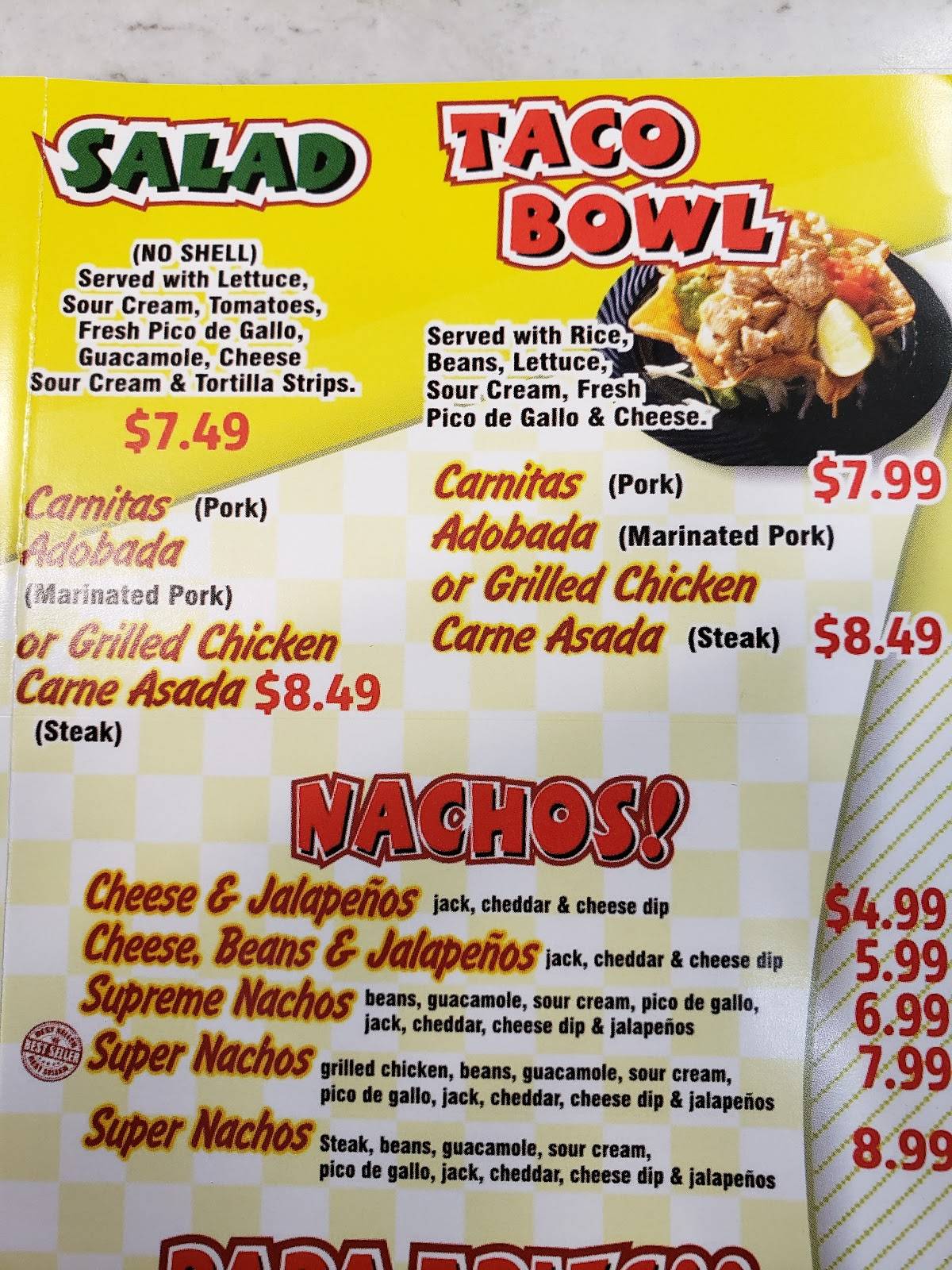 Menu at Victors Taco Shop restaurant, Marion