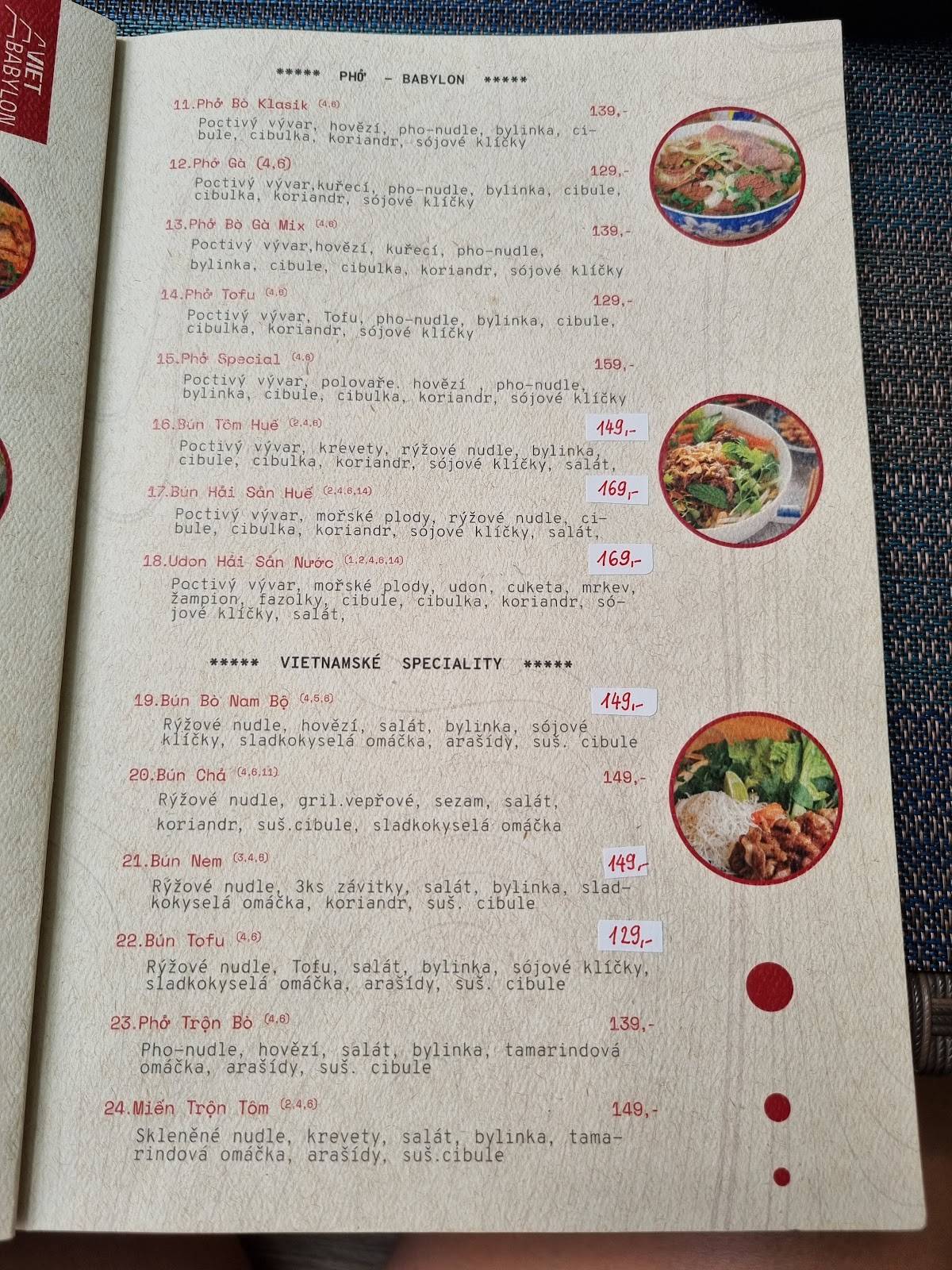 Menu at Viet Babylon restaurant, Prague