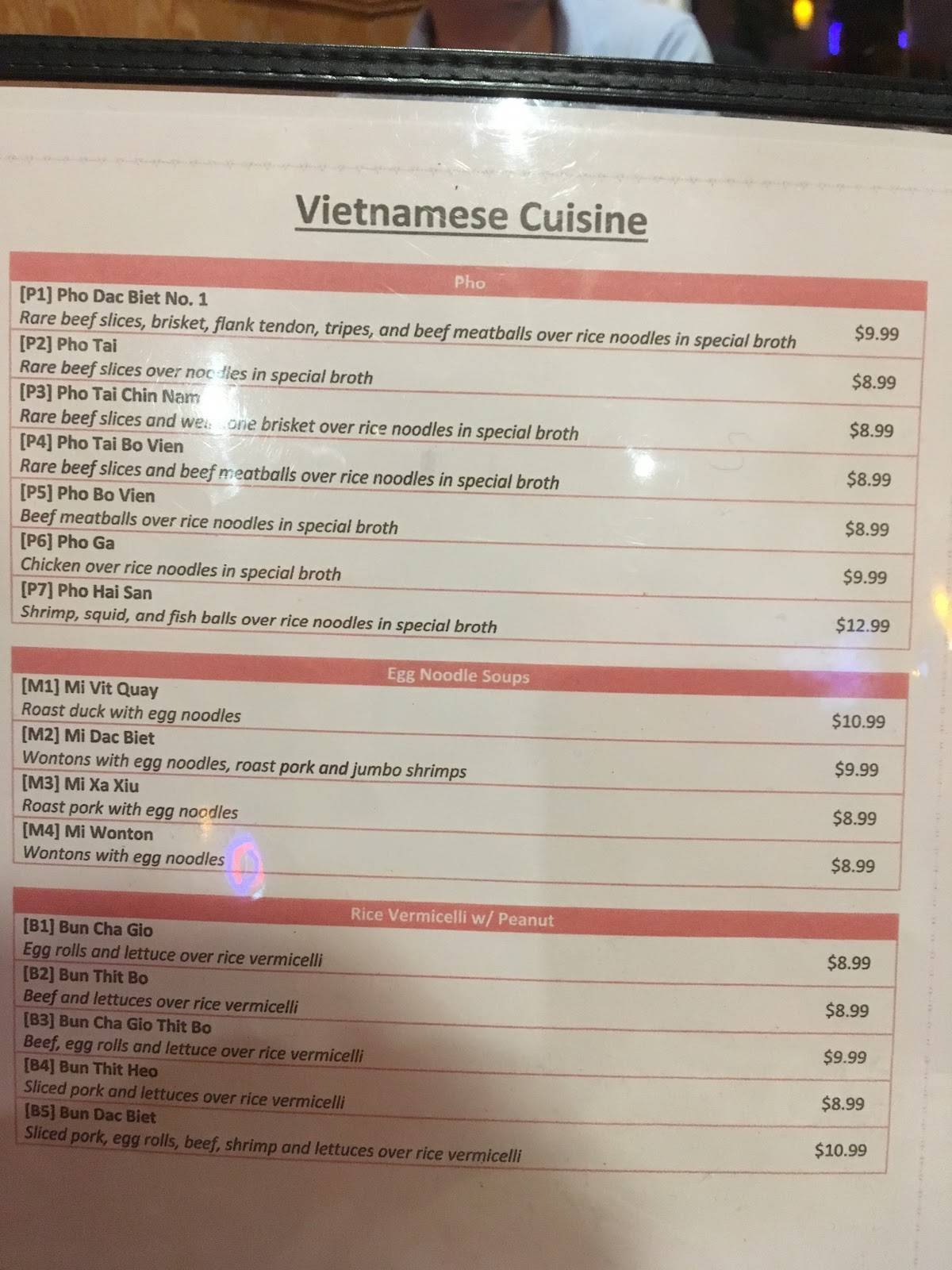 Menu at Vietnam House restaurant, Myrtle Beach