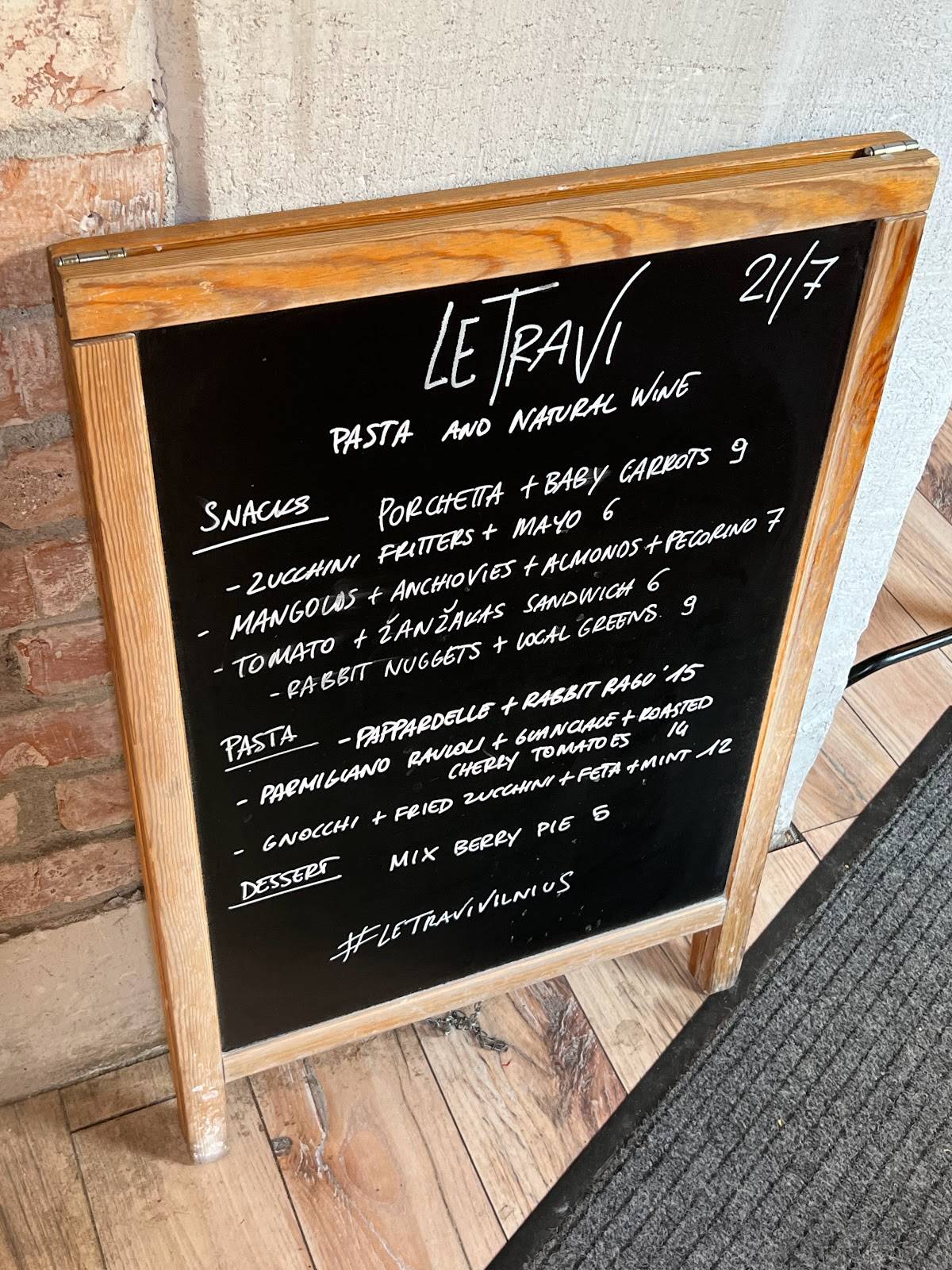 Menu at Le Travi restaurant, Vilnius