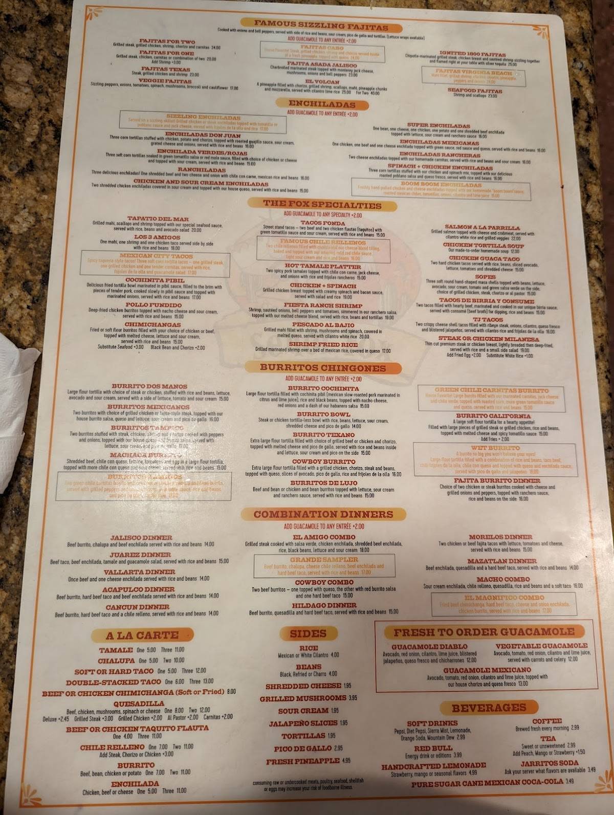Menu at Senor Fox Mexican Restaurant, Virginia Beach, Nimmo Pkwy