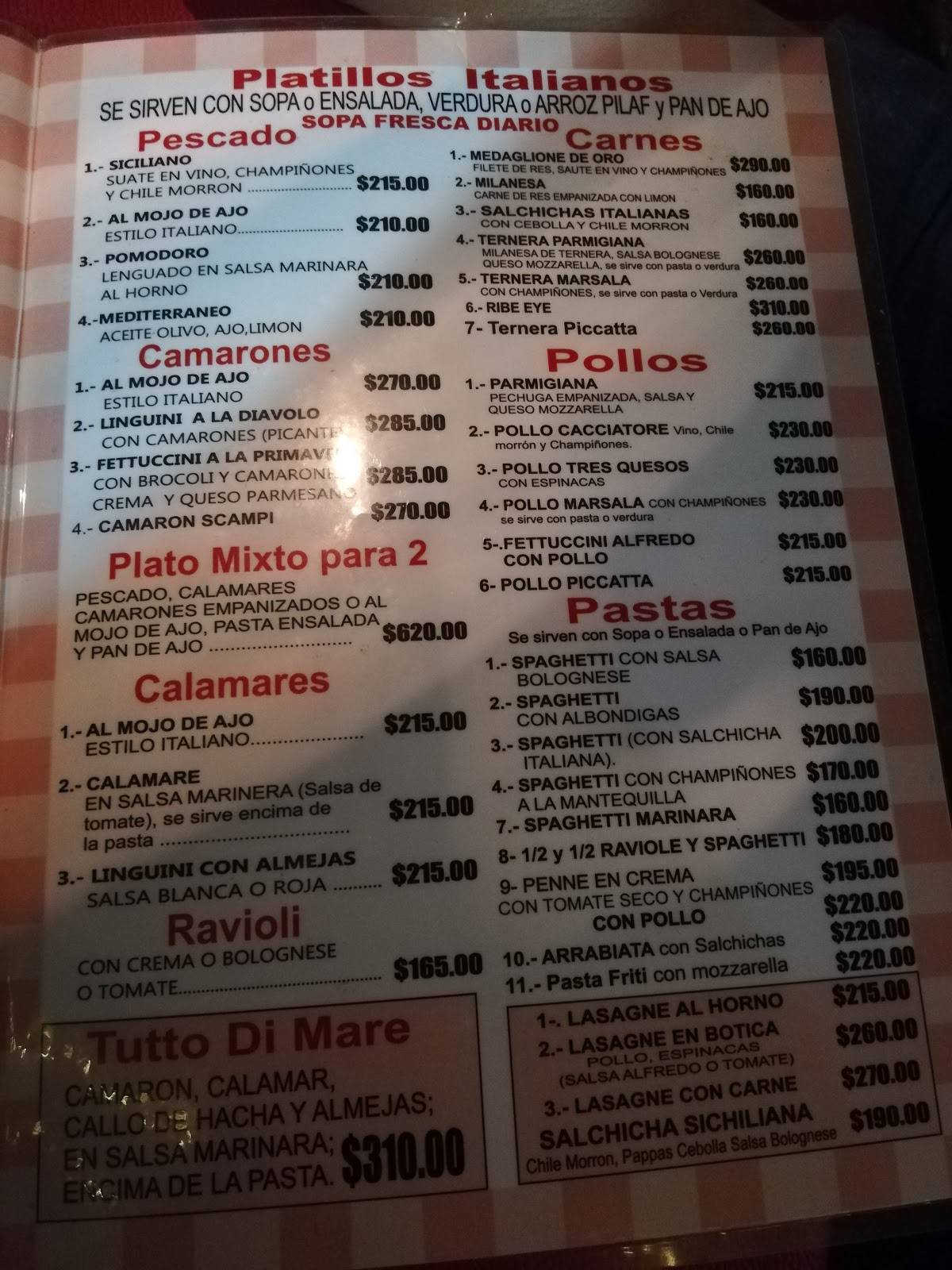 Carta del restaurante VITTORIO'S, Tijuana, C. del la Nieve 203
