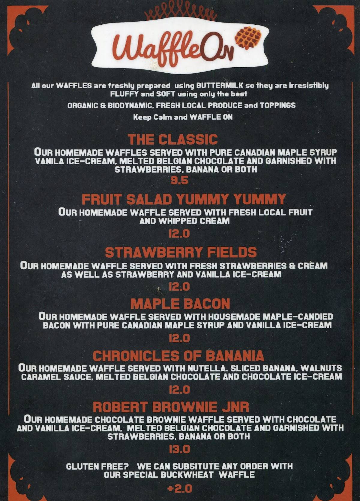 Menu at Waffle On Cairns cafe, Cairns City