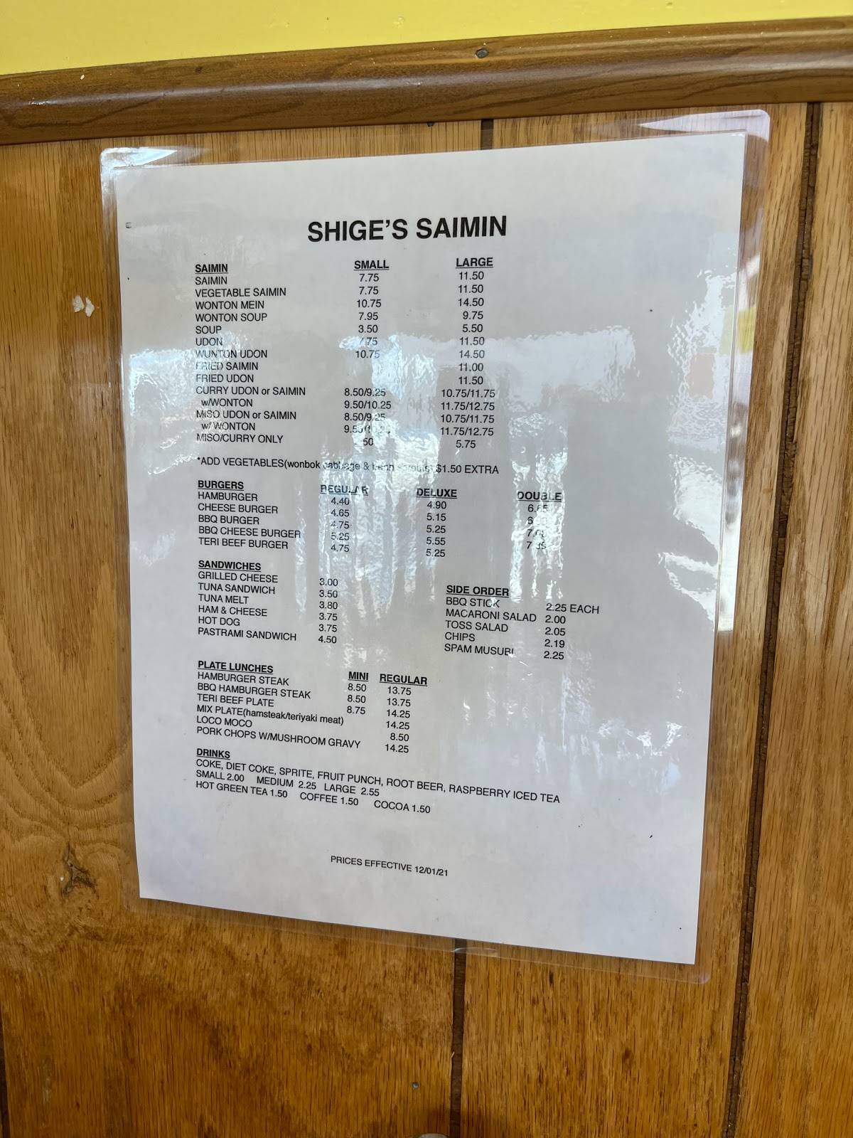 Menu at Shige's Saimin Stand restaurant, Wahiawa